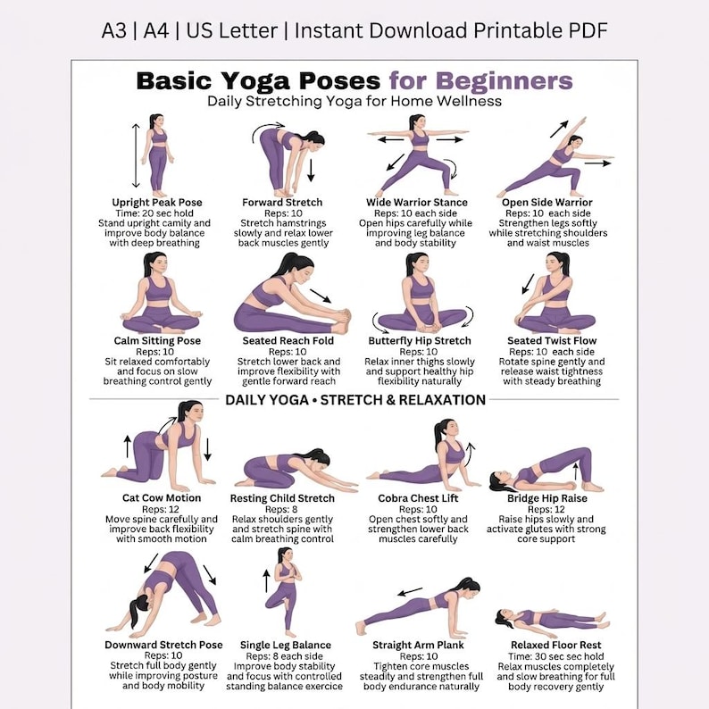 Basic Yoga Poses for Beginners Printable, 16 Daily Yoga Asanas Chart ...