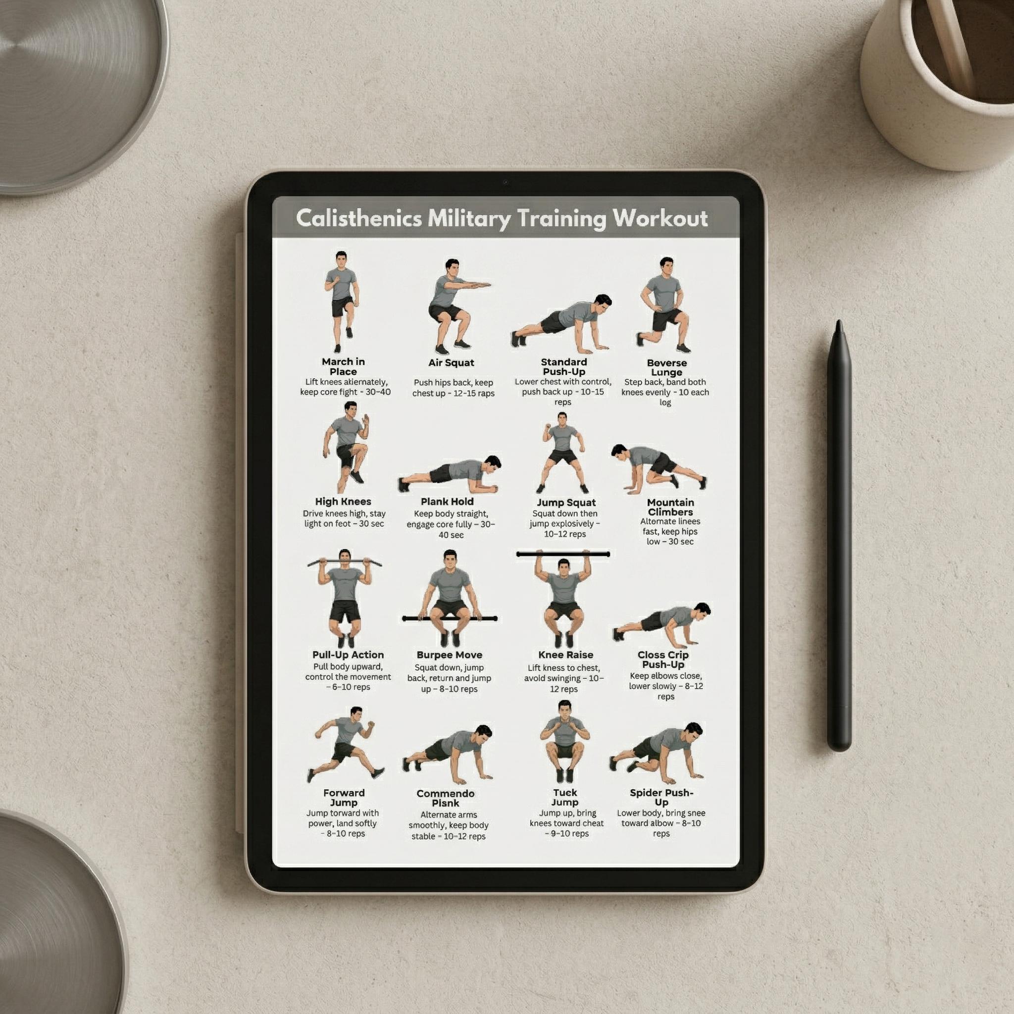 Military Style Calisthenics Workout Printable, Full Body Bodyweight ...