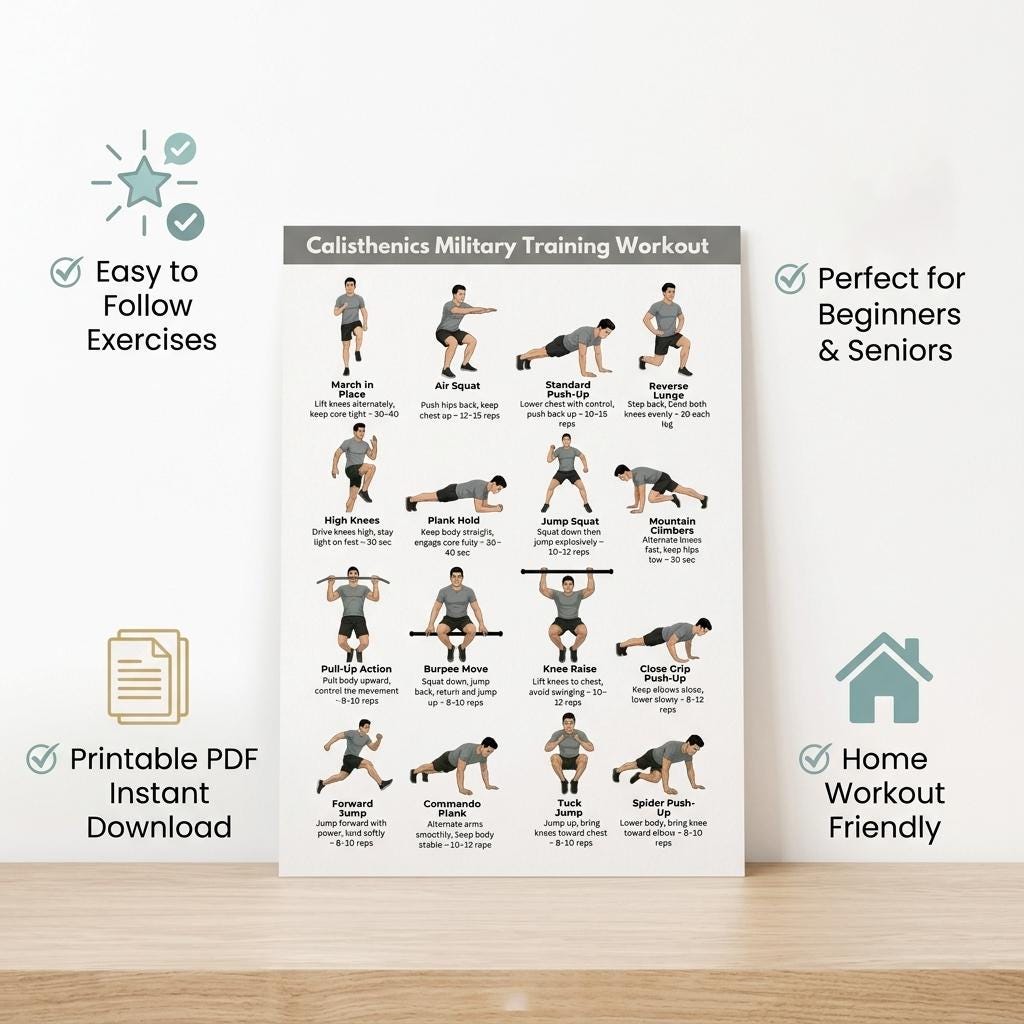 Military Style Calisthenics Workout Printable, Full Body Bodyweight ...