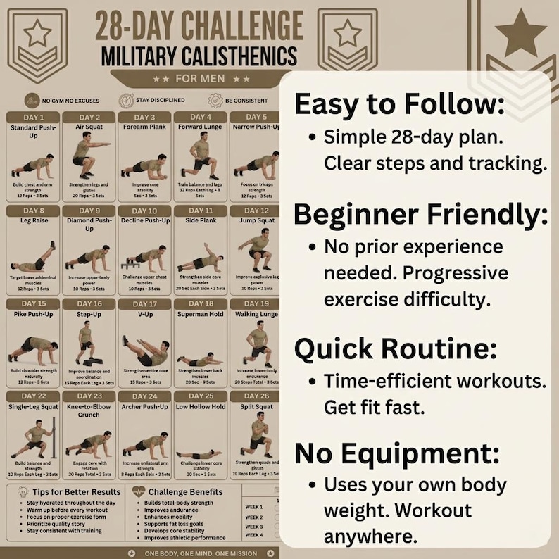 28 Day Military Calisthenics Challenge for Men PDF, Men's Bodyweight ...
