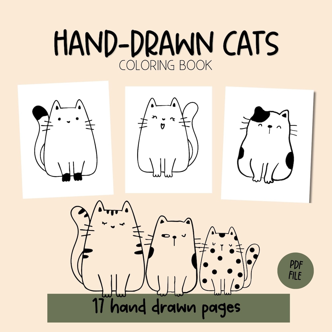 Cat Coloring Book Printable, Hand‑drawn Kawaii Cats, Kids Cat Activity ...