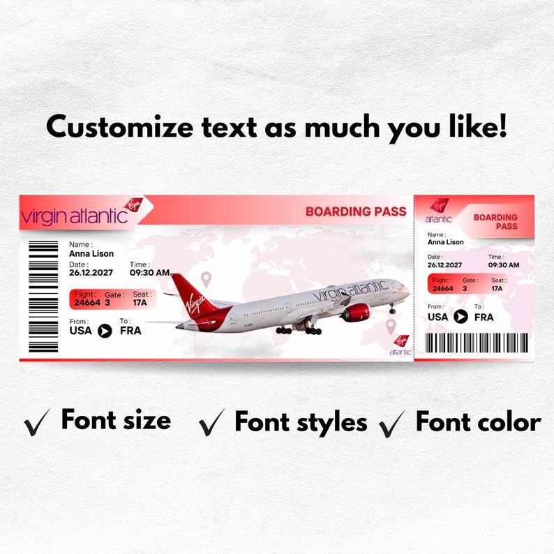 Virgin Atlantic Airways Ticket Template, Custom Virgin Atlantic Airways ...