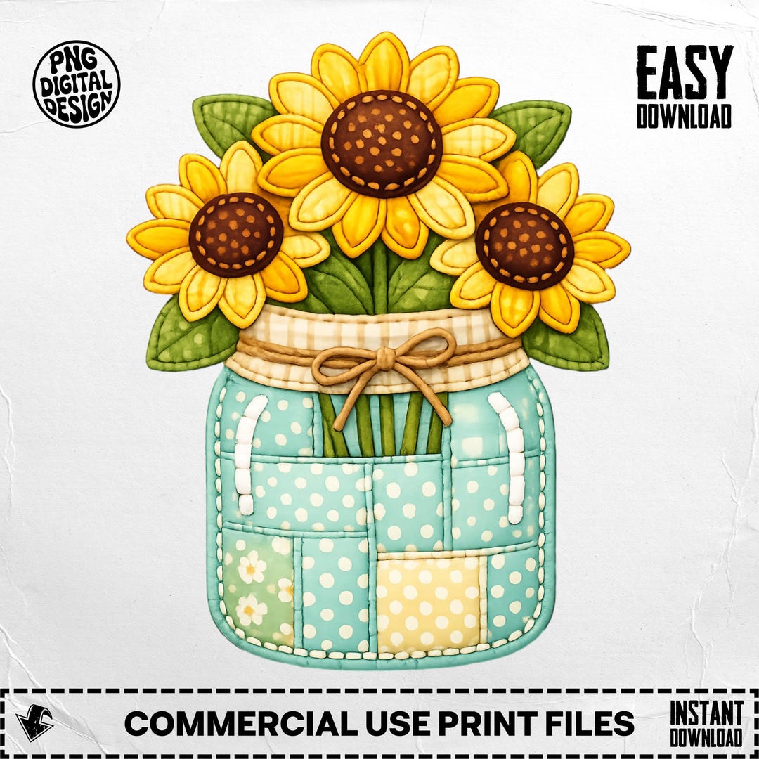 Sunflower Mason Jar PNG Digital, Quilted Farmhouse Floral Clipart ...