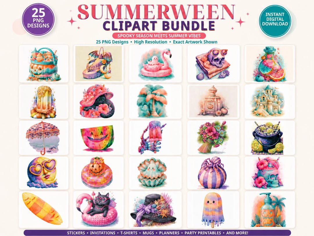 Summerween Clipart Bundle, Watercolor Halloween Beach PNG, Tropical ...