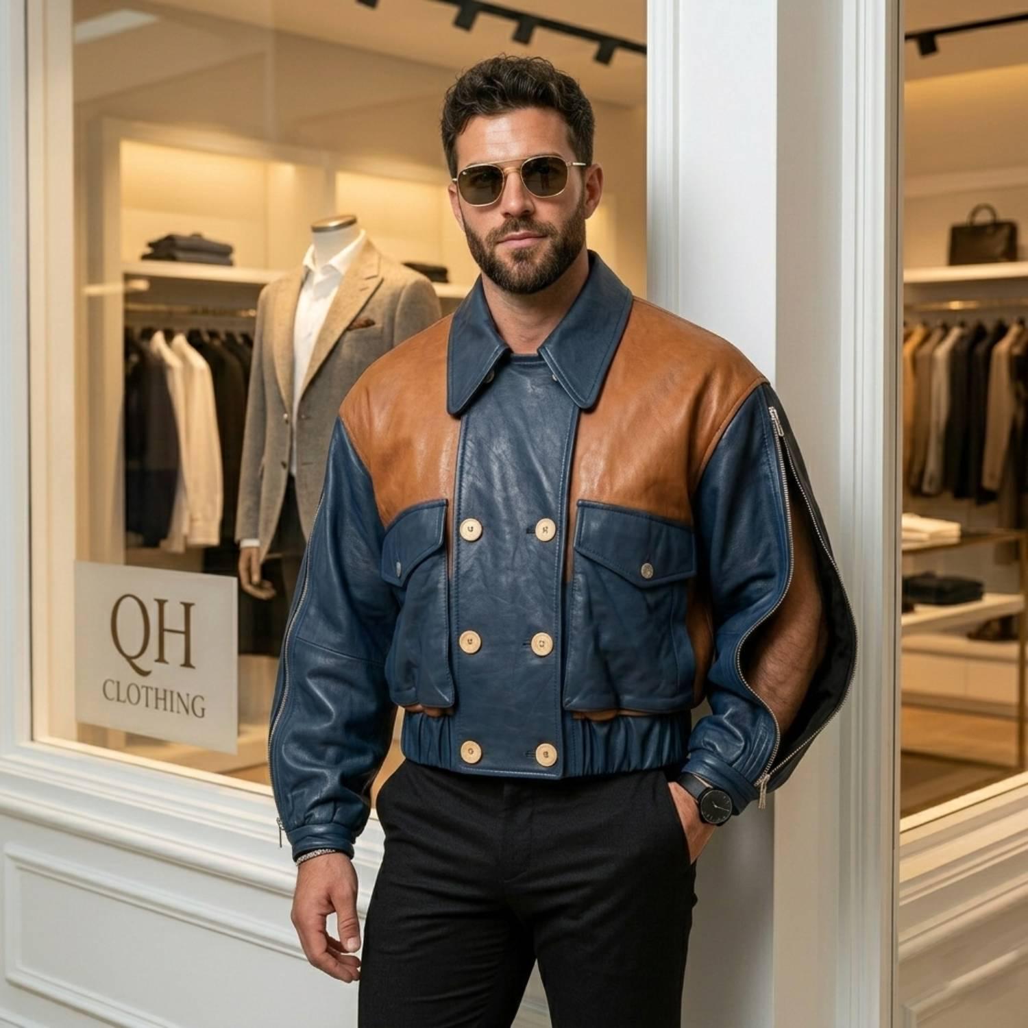 AVATAR 80s Blue Lamb Leather Bomber Jacket Two-tone Men Blue Tan ...