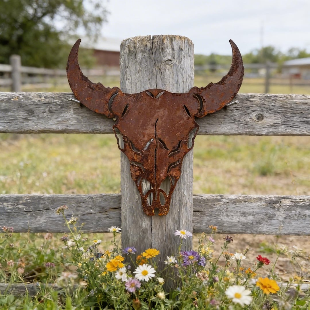 Rustic Bull Skull Wall Decor, Metal Western Wall Art, Cowboy Farmhouse ...
