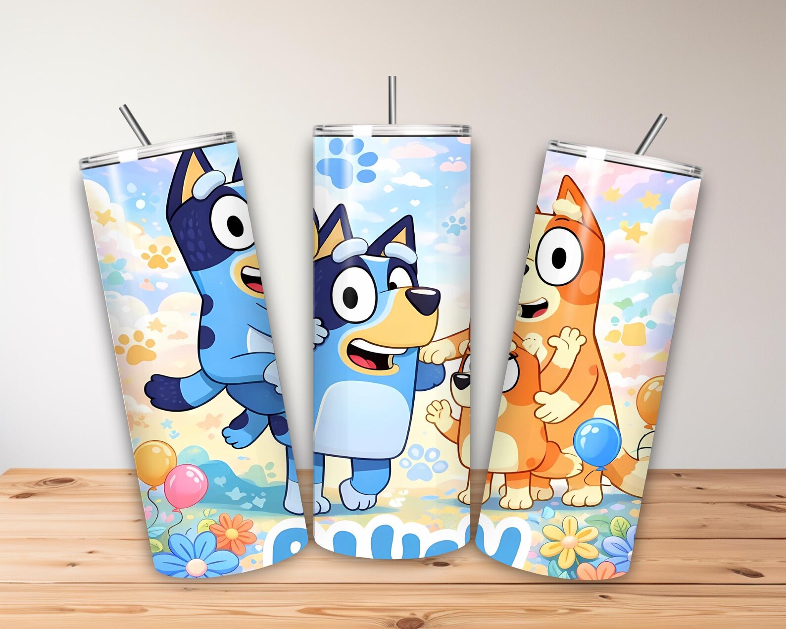 Cute Cartoon Blue Dog Family Rainbow Floral 20oz Skinny Tumbler Wrap ...