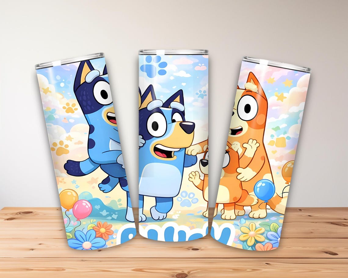 Cute Cartoon Blue Dog Family Rainbow Floral 20oz Skinny Tumbler Wrap ...