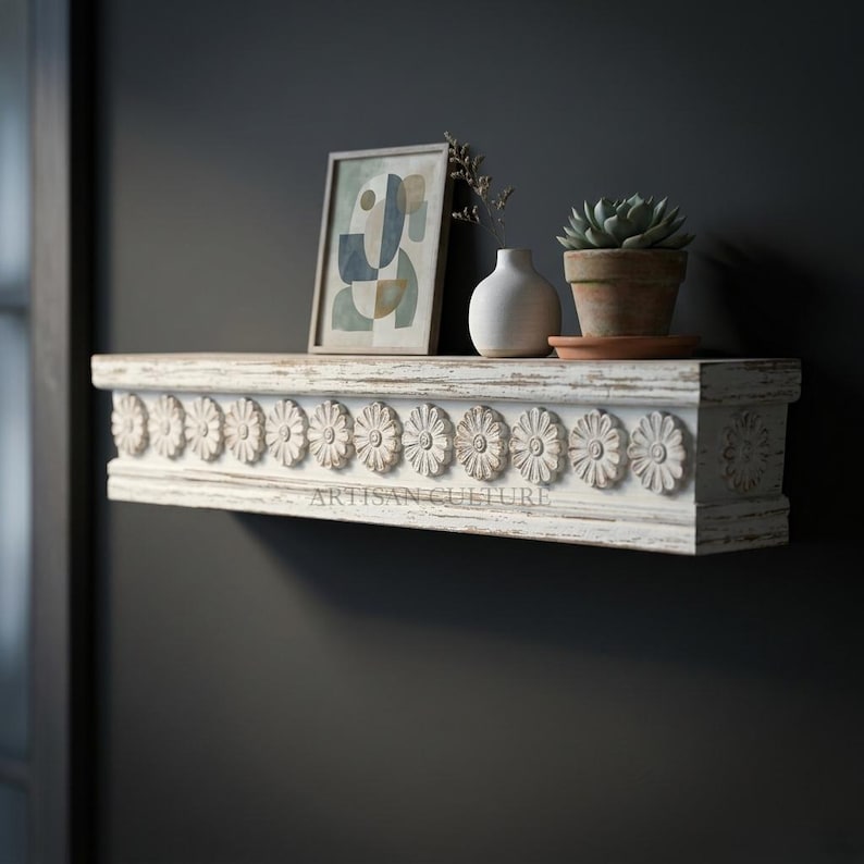 Hand Carved Floral Wooden Floating Shelf: Rustic Farmhouse Wall Decor ...