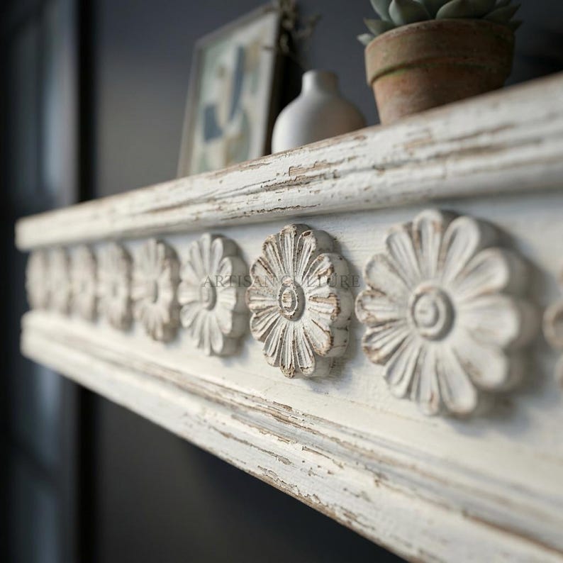 Hand Carved Floral Wooden Floating Shelf: Rustic Farmhouse Wall Decor ...