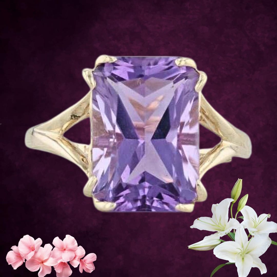 Vintage Emerald Cut Amethyst Ring, 14K Gold Purple Cocktail Ring, Art ...