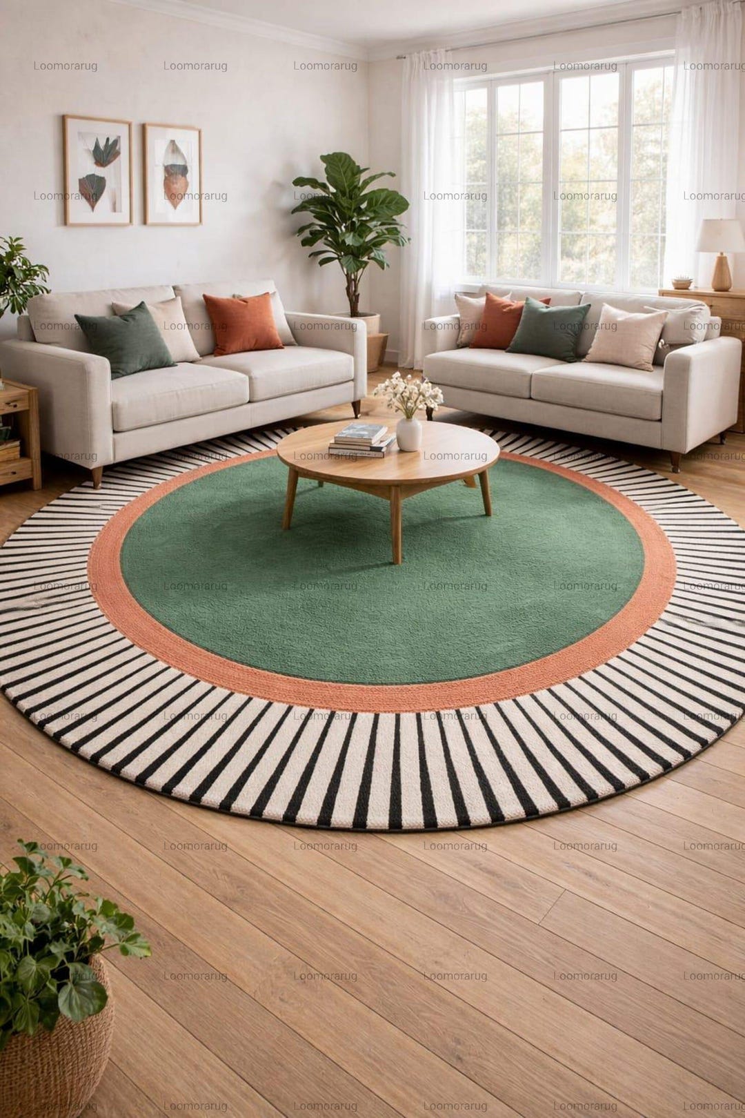 Modern Round Rug - Sage Green & Terracotta Circular Area Rug, Sunburst ...