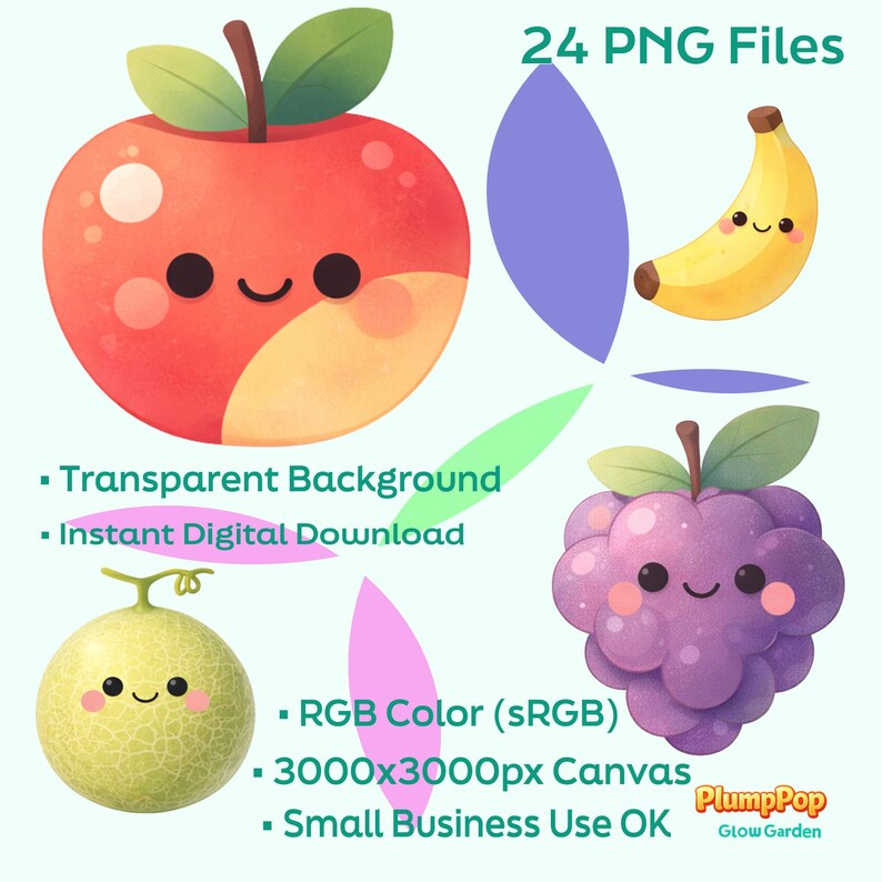 Kawaii Fruit PNG Bundle, Cute Fruit Clipart, 24 Fruit Characters ...