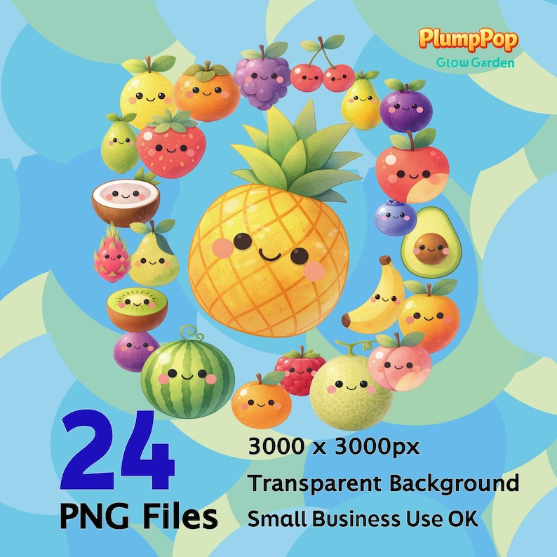 Kawaii Fruit PNG Bundle, Cute Fruit Clipart, 24 Fruit Characters ...