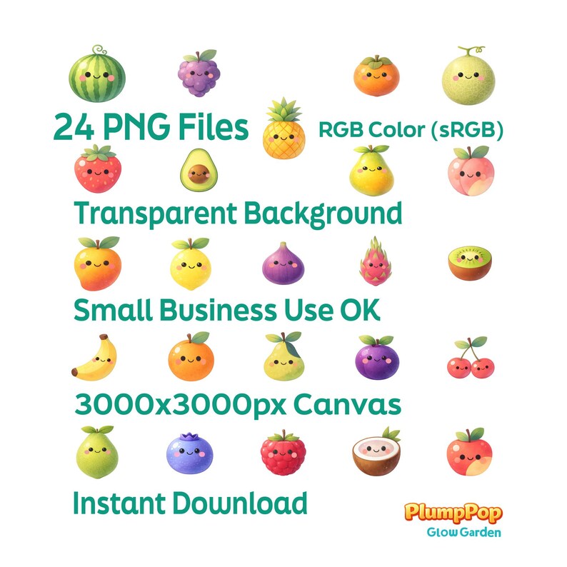 Kawaii Fruit PNG Bundle, Cute Fruit Clipart, 24 Fruit Characters ...