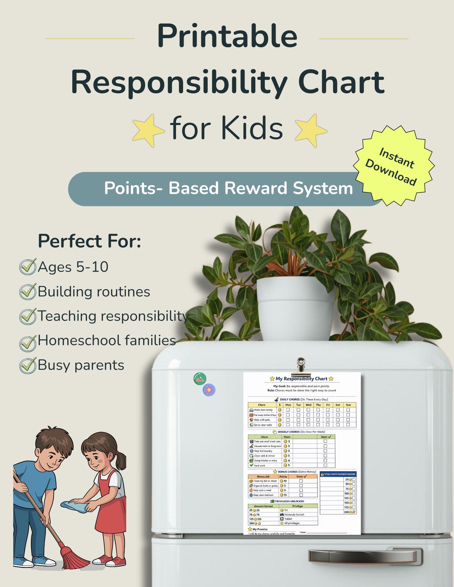 Printable Responsibility Chart for Kids | Points-based | Reward System ...