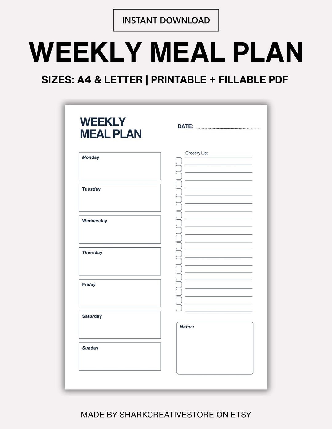 Weekly Meal Planner Printable, Bullet Journal Template, A4 & US Letter ...