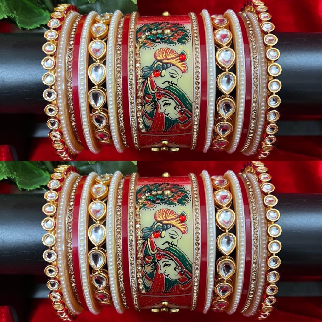 Hand Painted Rajasthani Bridal Chura Set, Radha Krishna Wedding Bangles ...
