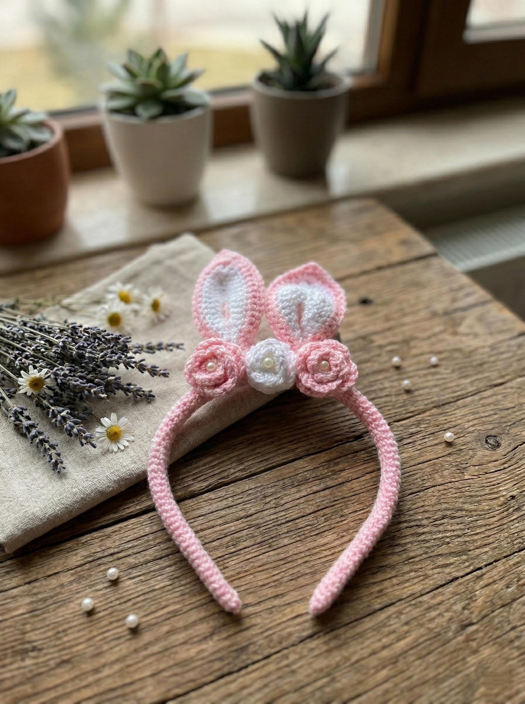 Diadema de orejas de conejo de ganchillo, accesorio para el cabello de ...