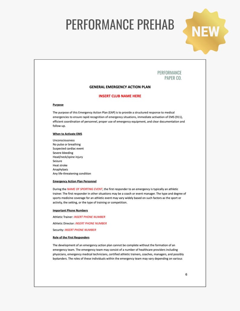 Emergency Action Plan Template for Sports Teams | Editable EAP PDF for ...