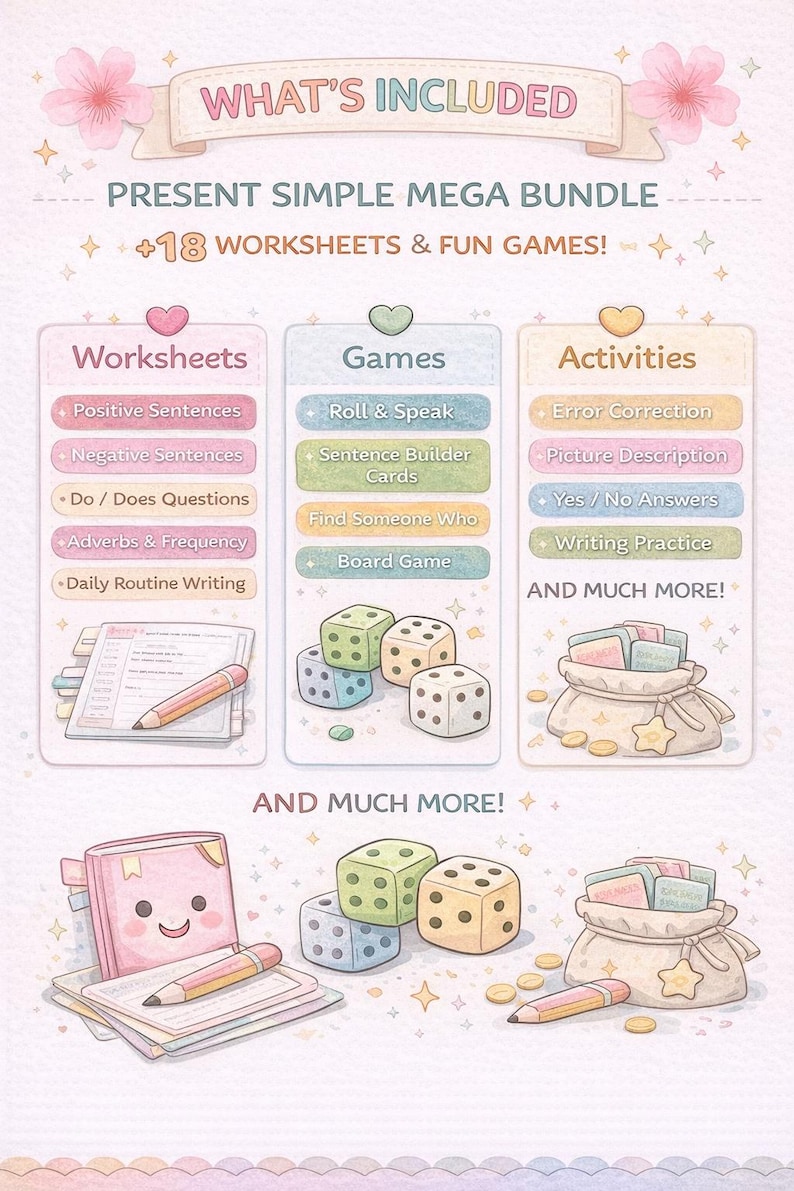 Simple Present Worksheets Bundle |ESL Grammar Activities | Present ...