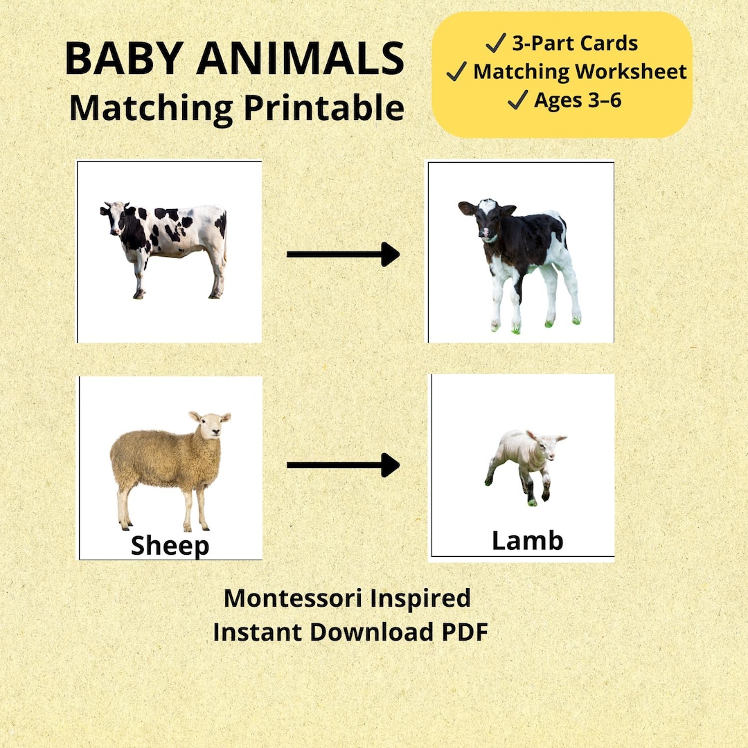 Baby Animals Matching Printable, Montessori 3-part Cards, Farm Animals ...