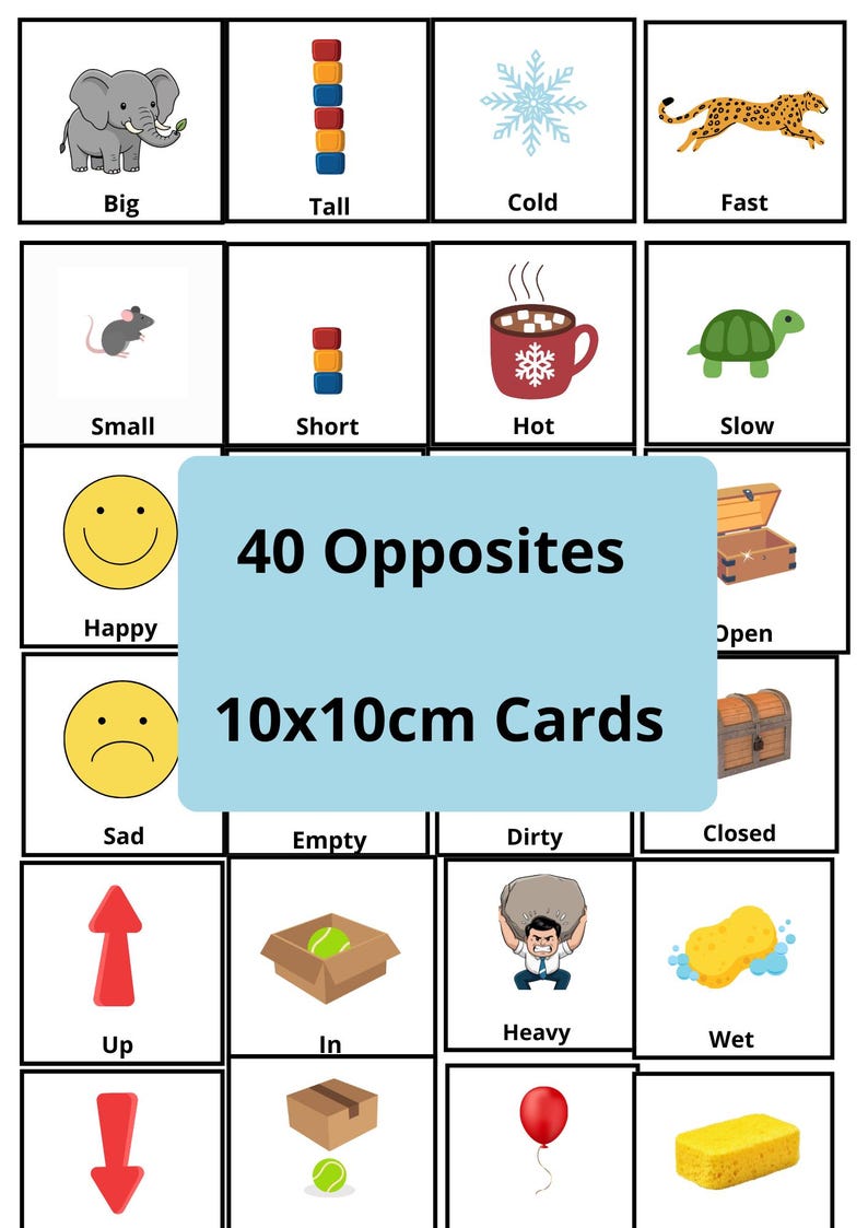 Opposites Flashcards Printable 40 Cards 10x10 Cm + 5 Worksheets Match ...