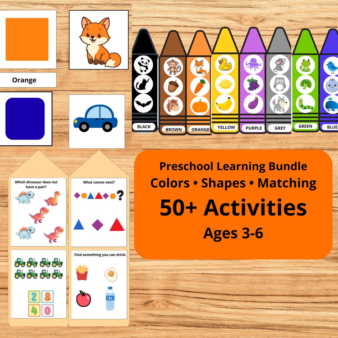 Preschool Learning Activities Bundle, Colors Shapes Matching Game (PDF ...