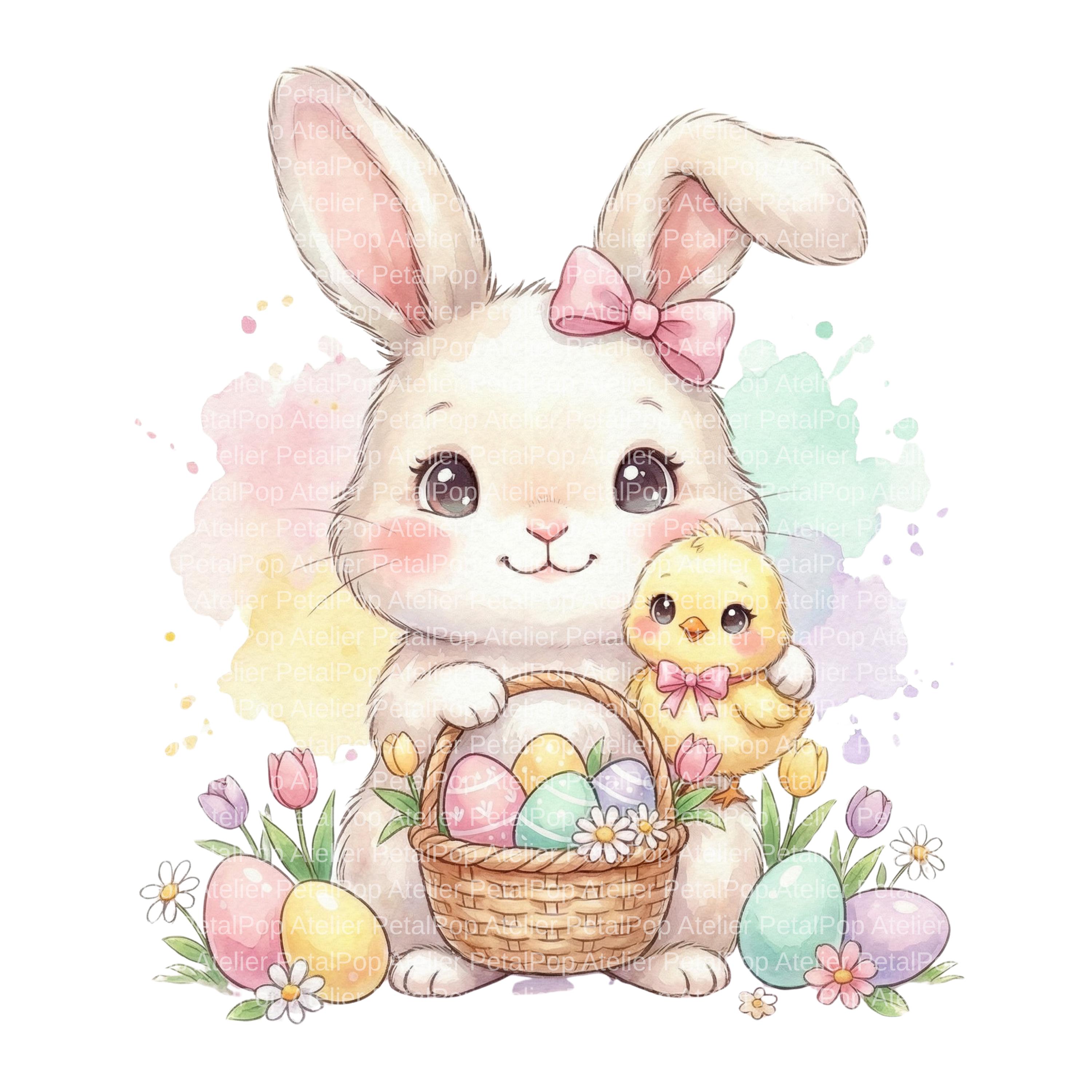 8 Cute Easter Bunny Clipart, Kawaii Watercolor Rabbits PNG (transparent ...