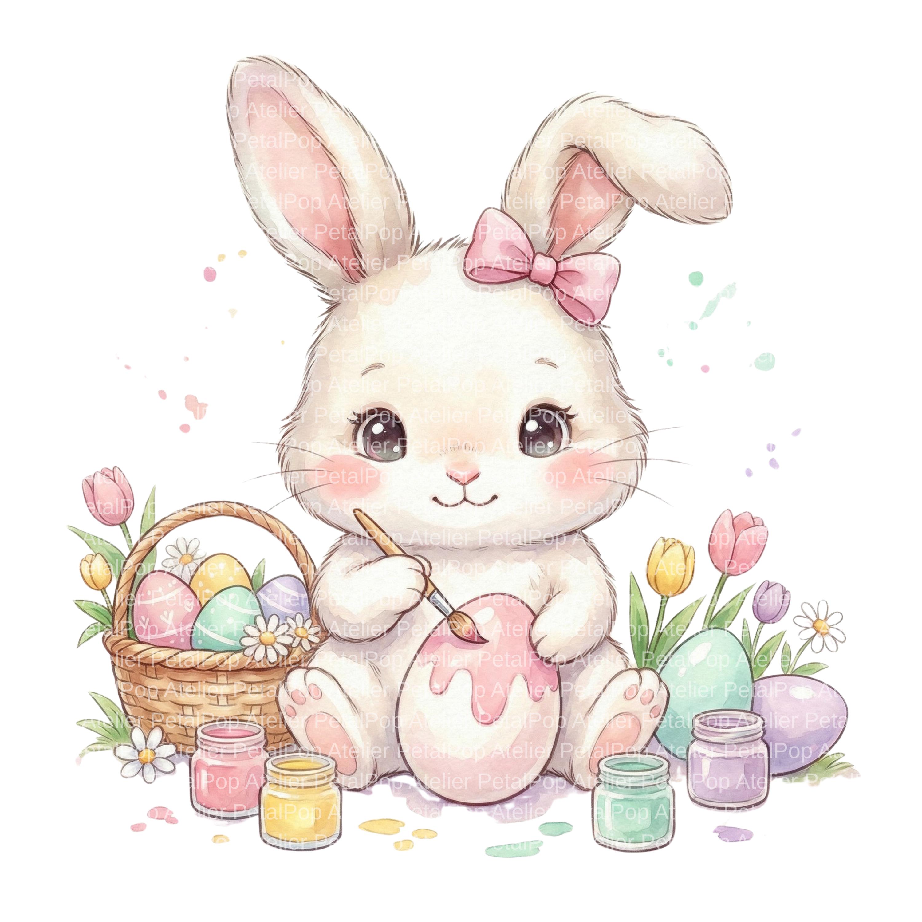 8 Cute Easter Bunny Clipart, Kawaii Watercolor Rabbits PNG (transparent ...