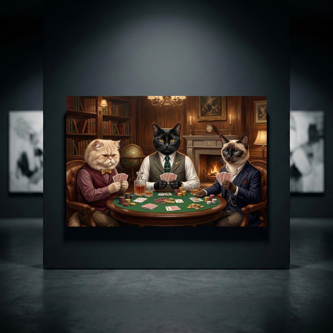 Poker Cats Portrait Canvas Wall Art Game Room Decor Funny Animal Print ...