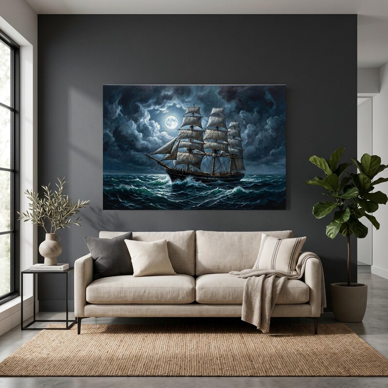 Storm Ship Canvas, Moonlit Ocean Wall Art, Dark Nautical Stretched Wall ...