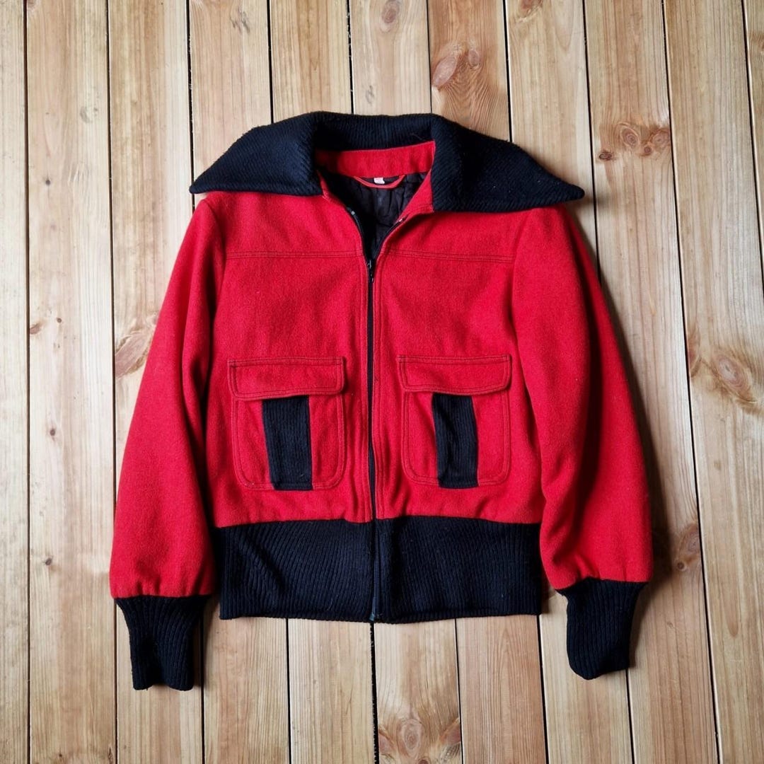 Vtg 70s Woollen Short Padded Lining Red Black Long Collar Jacket S XS ...