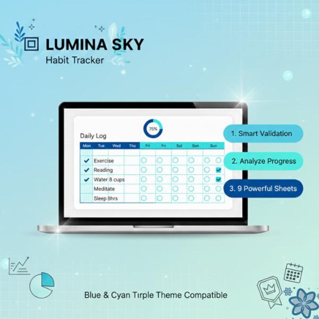 Lumina Sky Habit Tracker | Blue Cyan Theme, 30 Habits, Analytics (excel ...