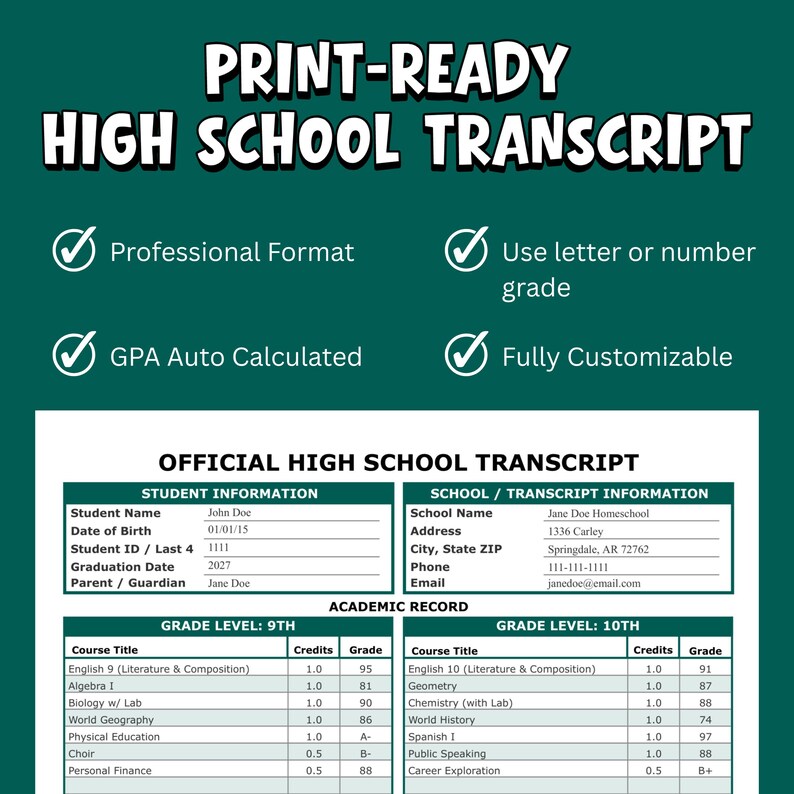 Homeschool Transcript Template | Excel, Google Sheets, GPA Calculator ...