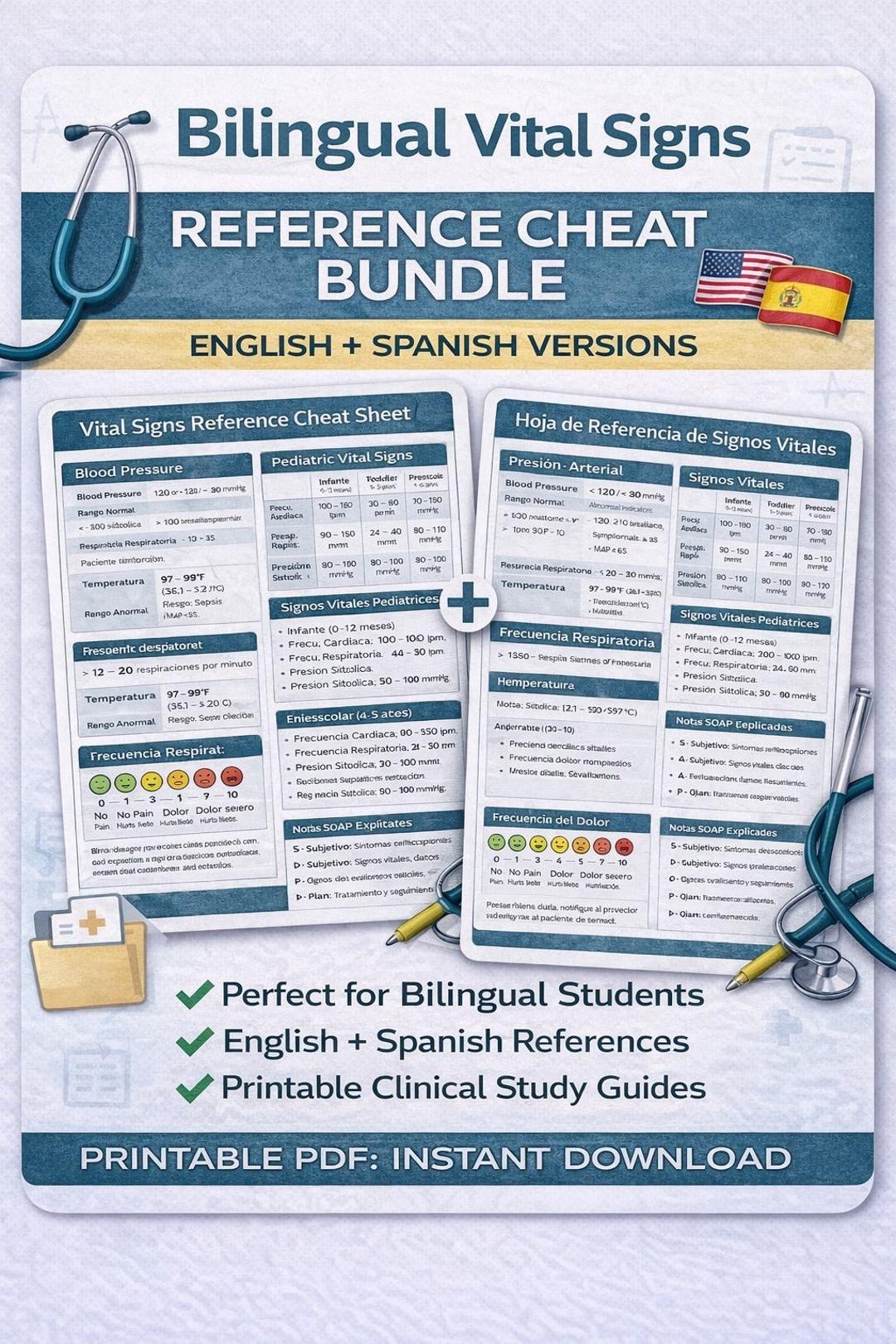 Vital Signs Reference Cheat Sheet Bundle English Spanish Bilingual ...