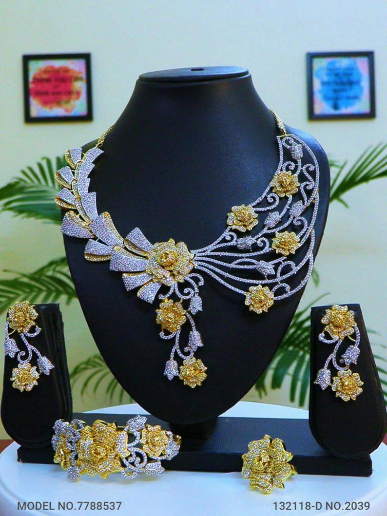 Luxury Floral Bridal Jewelry Set | Designer Gold & Diamond CZ Statement ...