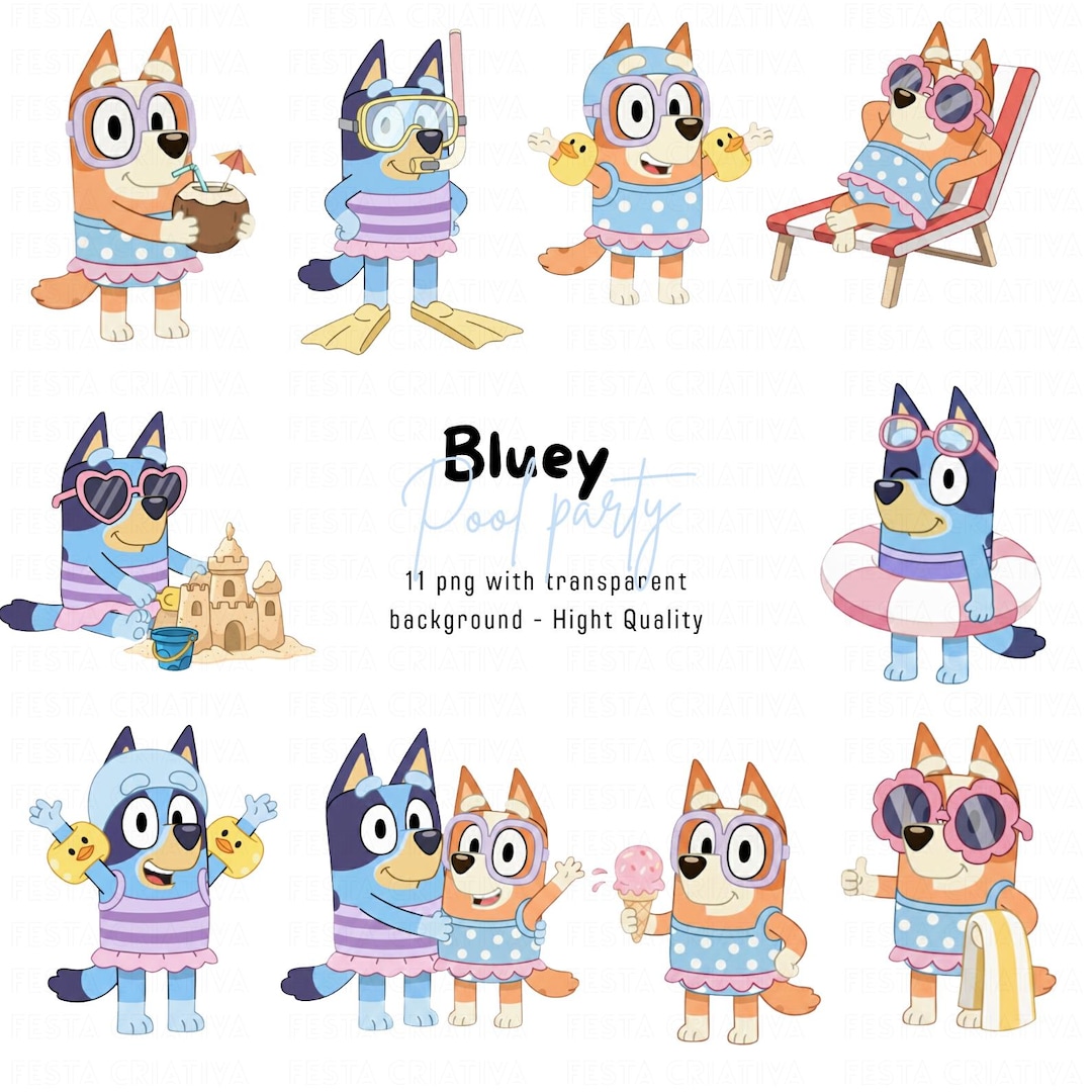 Bluey Watercolor Clipart Pack • Bluey and Bingo Themed Pool Party Pngs ...