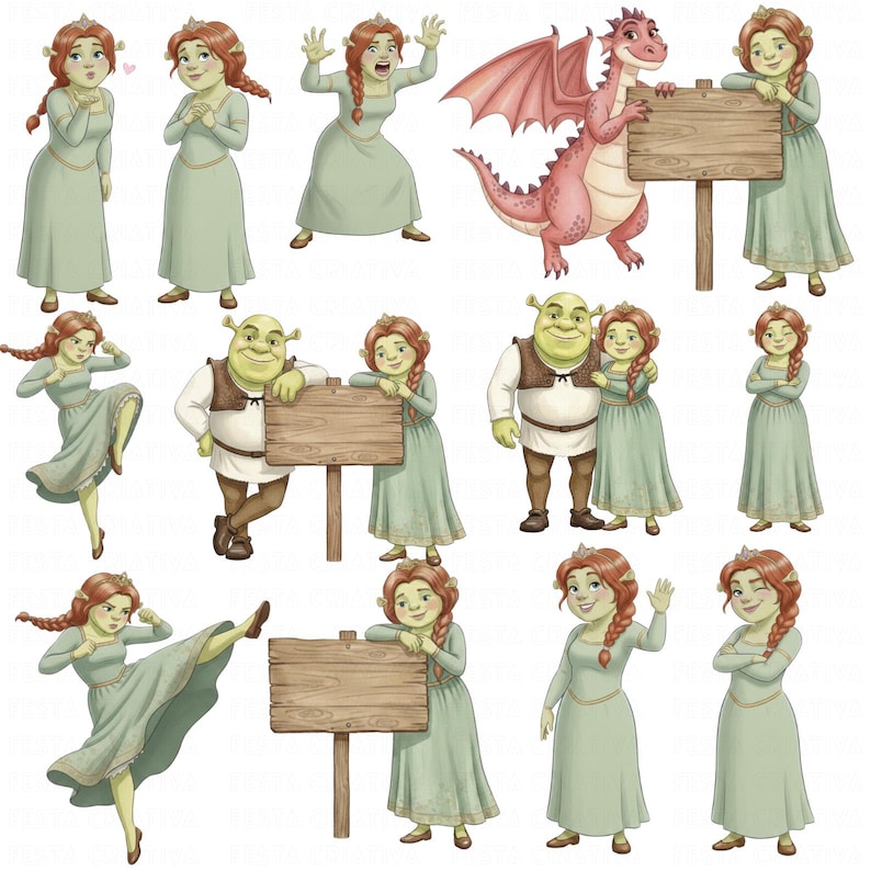Paquete de imágenes prediseñadas de acuarela de Shrek y Fiona • Shrek ...