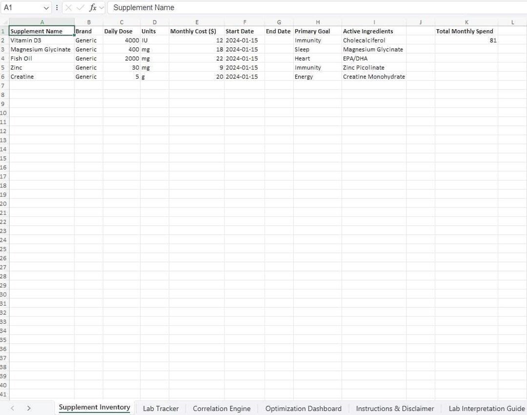 Supplement, Vitamin & Lab Tracker Spreadsheet | Lab Results Tracker ...
