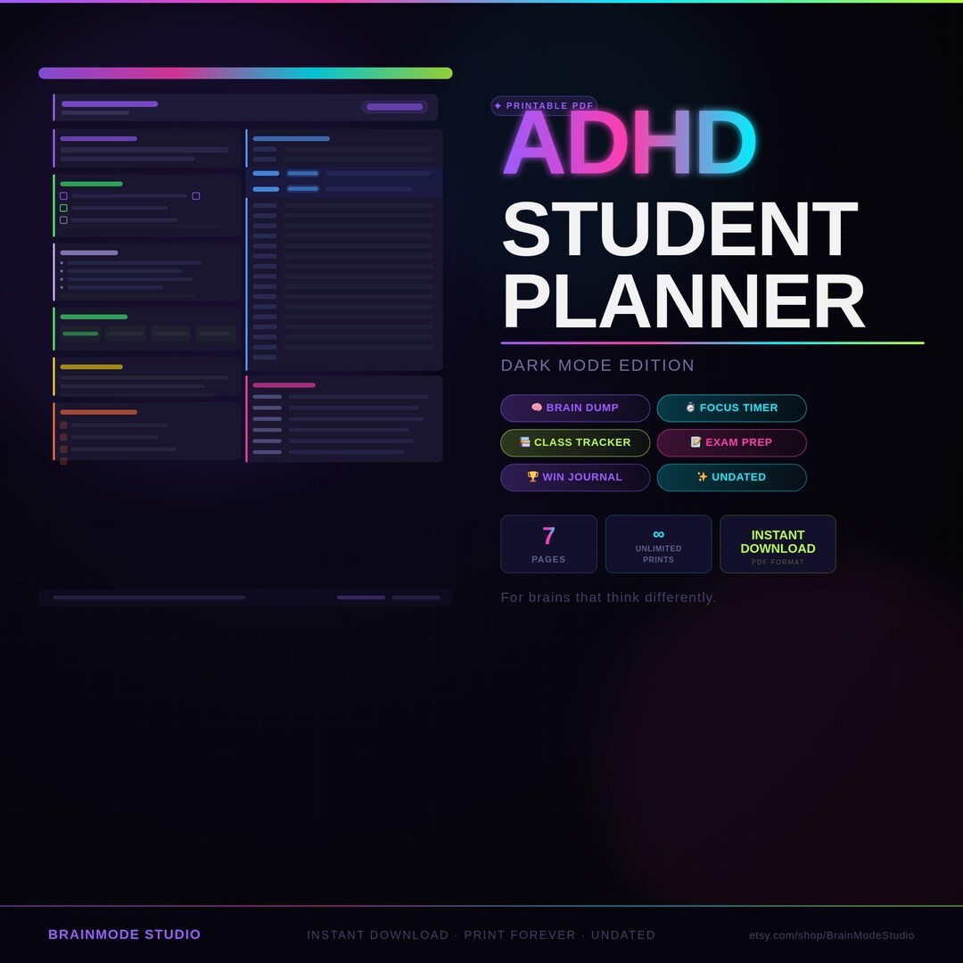 ADHD Student Planner Printable | Dark Mode | Neurodivergent Student ...