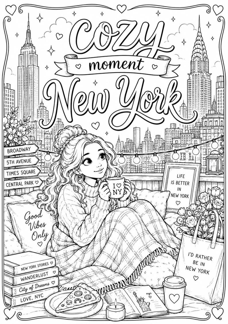 Cozy New York Moments | Cozy NYC Coloring Pages | Relaxing New York ...