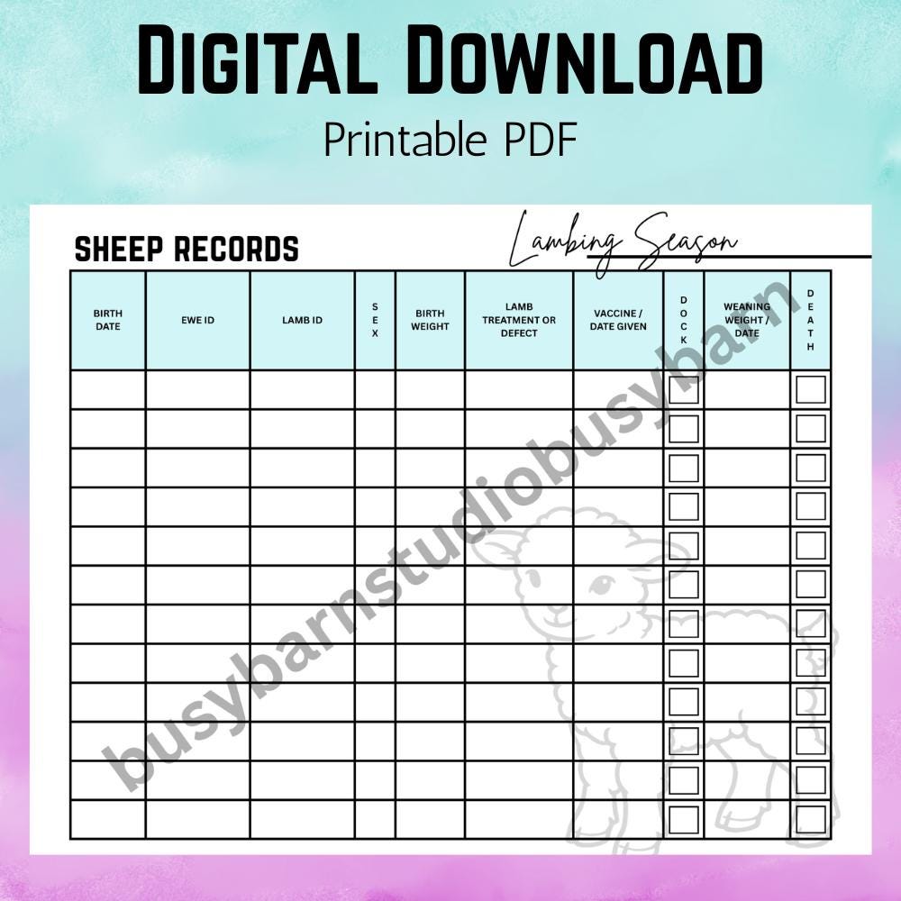 Farm Management Record Sheet for Sheep | Lambing Season Worksheet ...