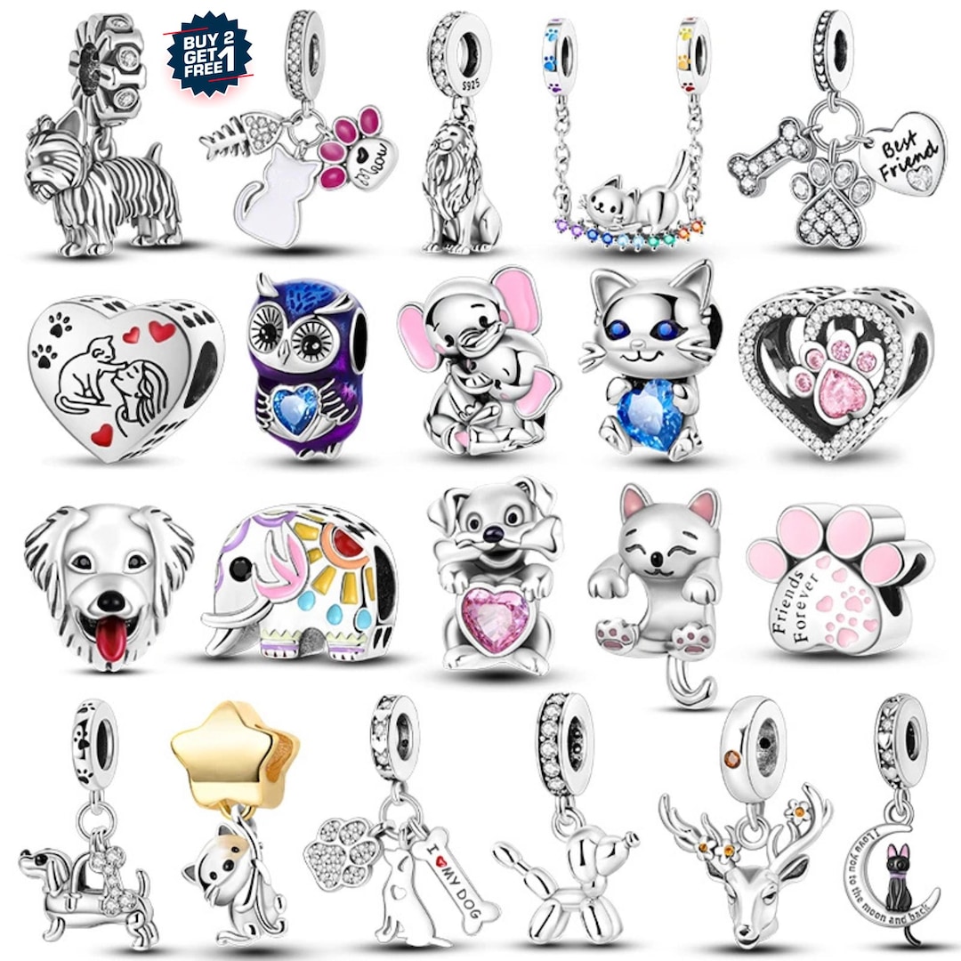 925 Sterling Silver Animal Charm Beads, Dog Cat Owl Elephant Charms ...