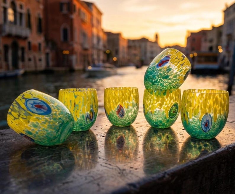 Set of 6 Venetian Blown Glass Glasses With Effetre Murano Murrine Fused ...