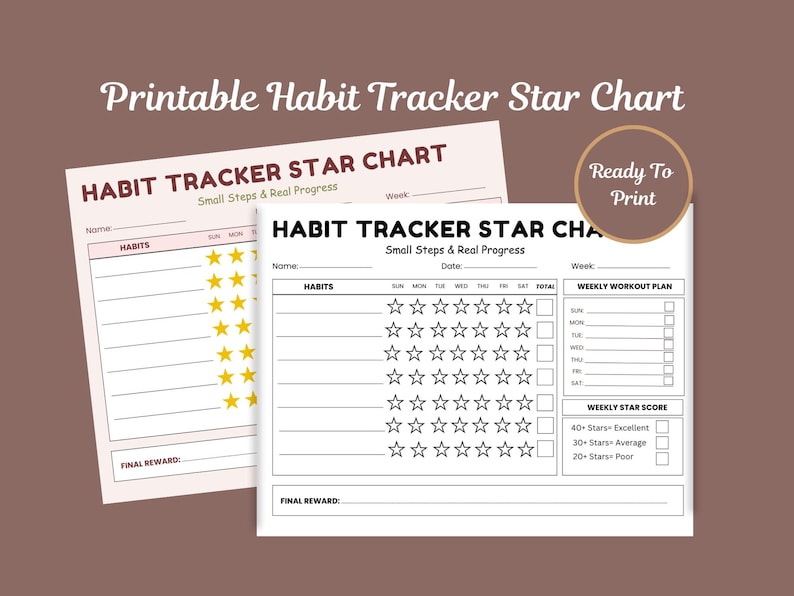 Habit Tracker Printable – Weekly Workout Tracker Star Chart for Adults ...