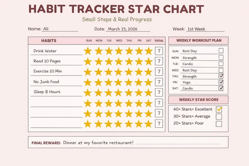 Habit Tracker Printable – Weekly Workout Tracker Star Chart for Adults ...
