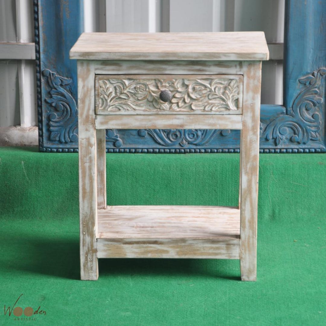 Handcarved Solid Wood Bedside Table, Rustic Nightstand, Handmade Wooden ...