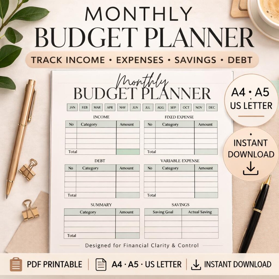 Monthly Budget Planner Printable: Track Income, Expenses, Savings (PDF ...