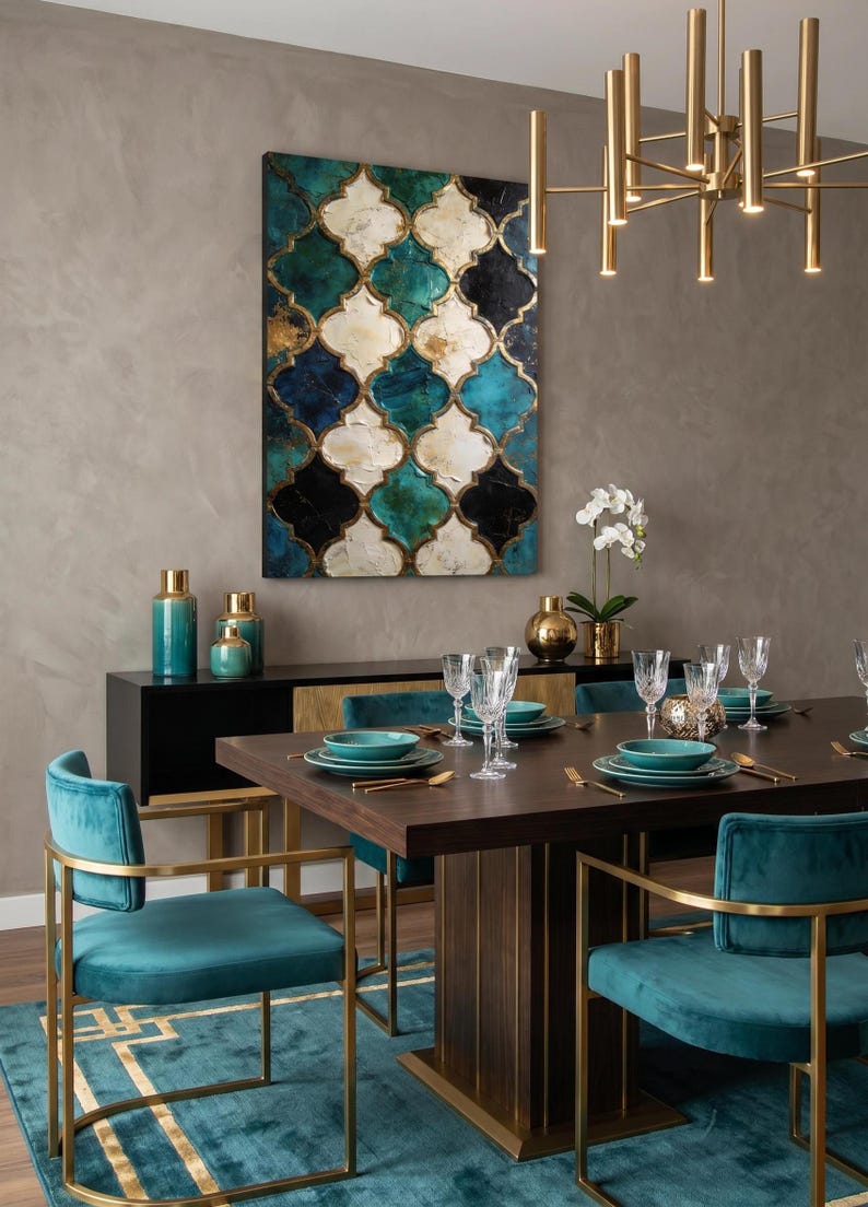 Moroccan Tile Wall Art Printable 01, Teal Gold Geometric Digital ...